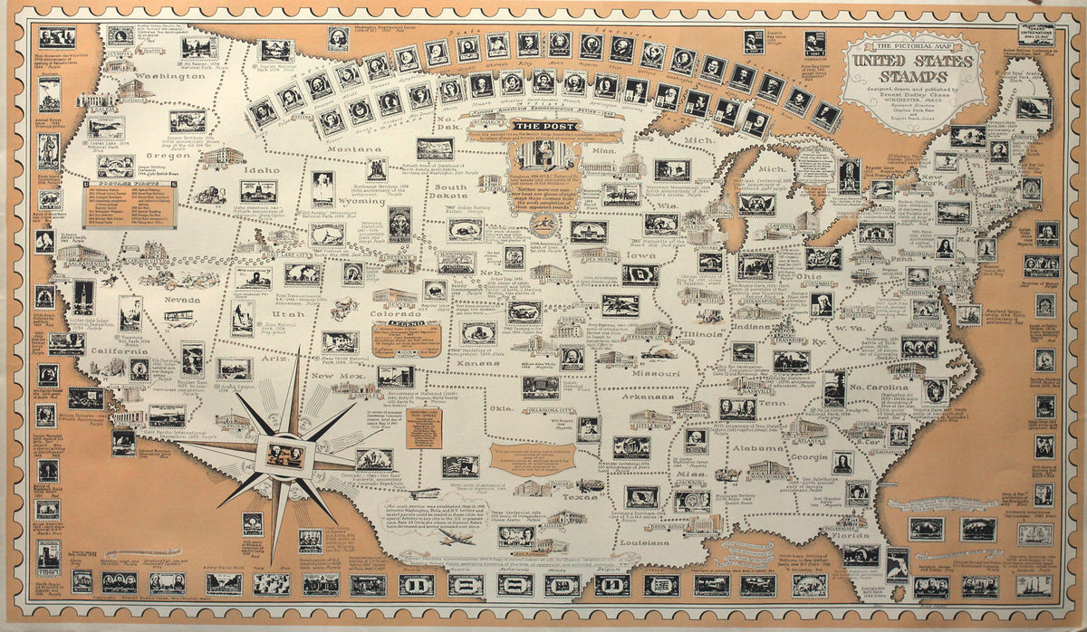 (US.- Stamps) The Pictorial Map United States Stamps – The Old Map Gallery