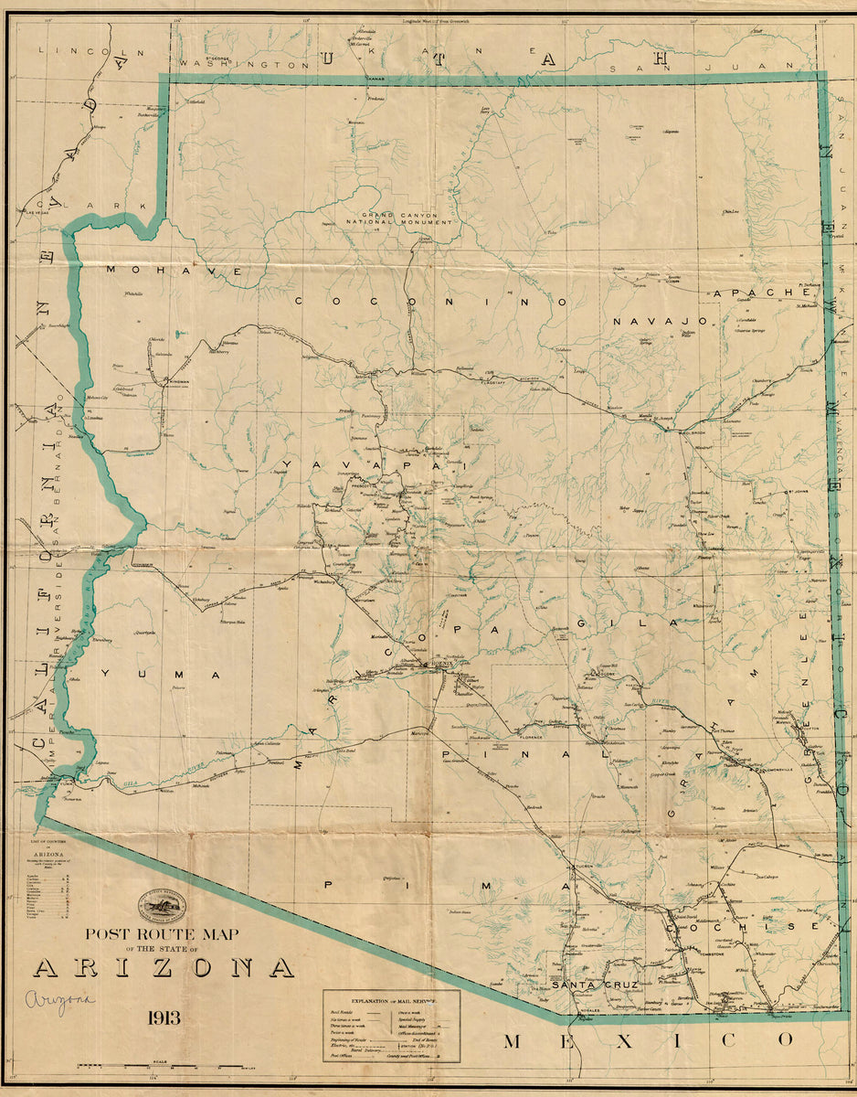 (AZ. - Postal) POST ROUTE MAP OF THE STATE OF ARIZONA – The Old Map Gallery