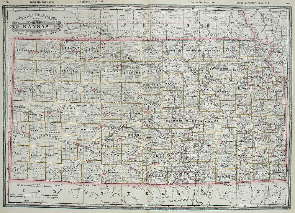 (Kansas) Railroad and County Map of Kansas – The Old Map Gallery