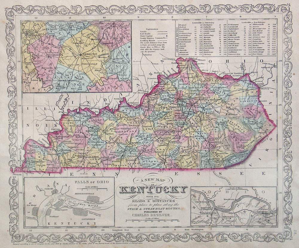 (Kentucky) A New Map of Kentucky with its roads & distances... – The ...
