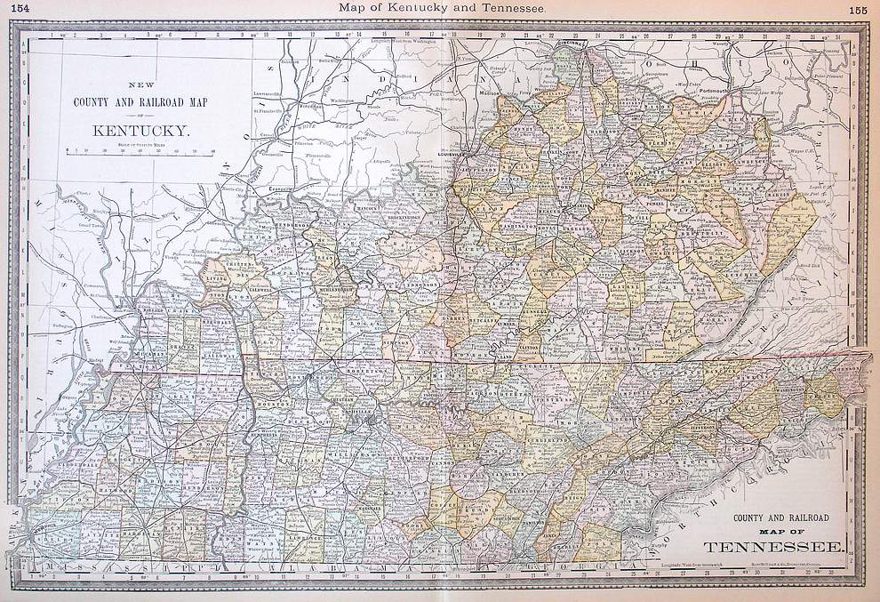 New County and Railroad Map of Kentucky and Tennessee – The Old Map Gallery
