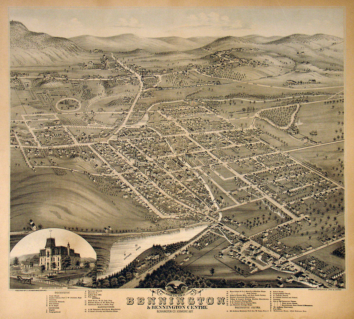 (VT - Bennington) Birds Eye View of Bennington... – The Old Map Gallery