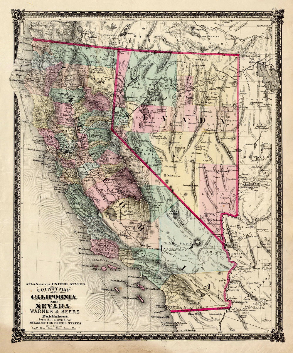 (CA., NV.) County Map of California and Nevada – The Old Map Gallery