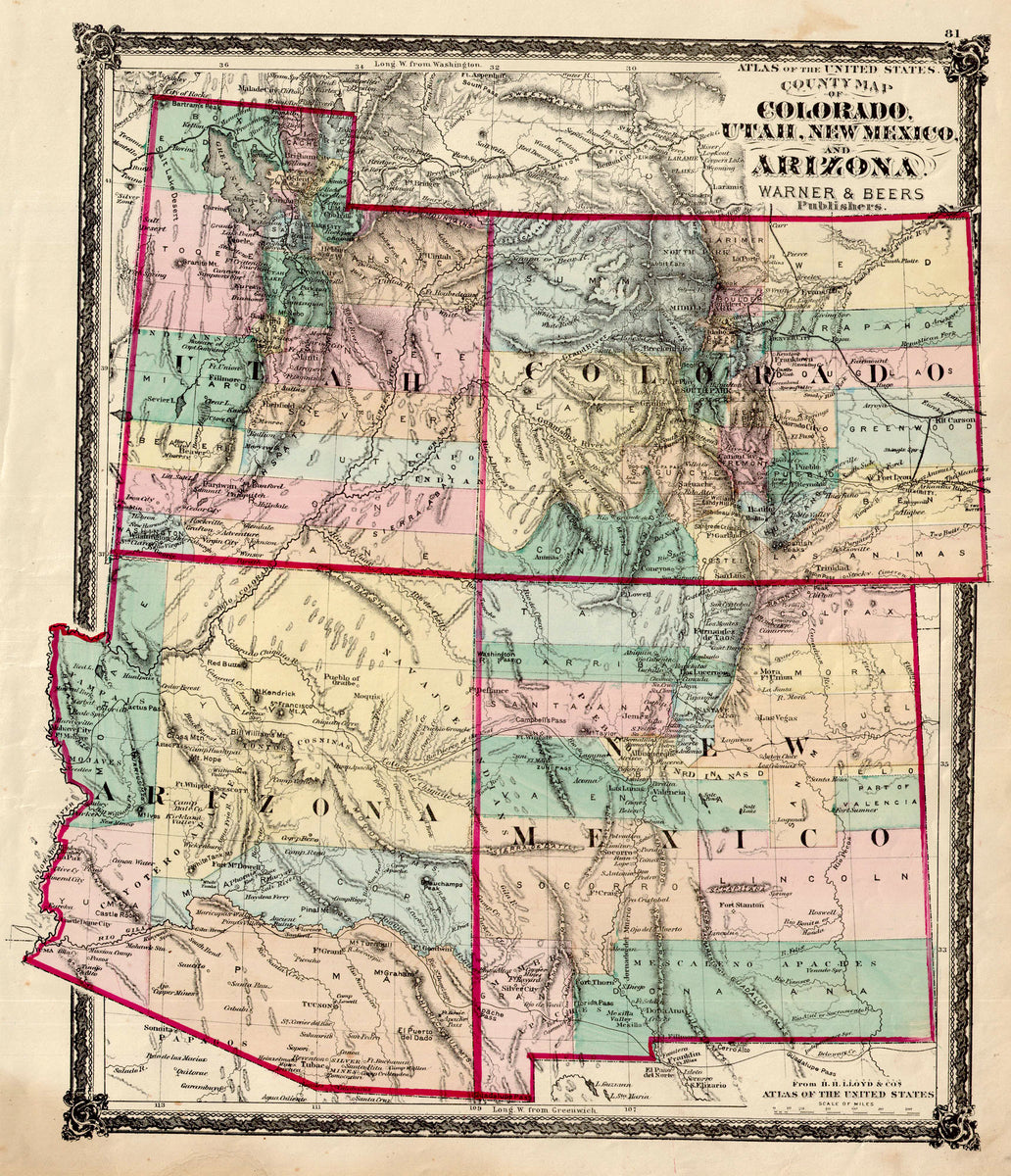 (CO., UT., AZ., NM.) County Map Of Colorado, Utah, New Mexico And Ariz ...