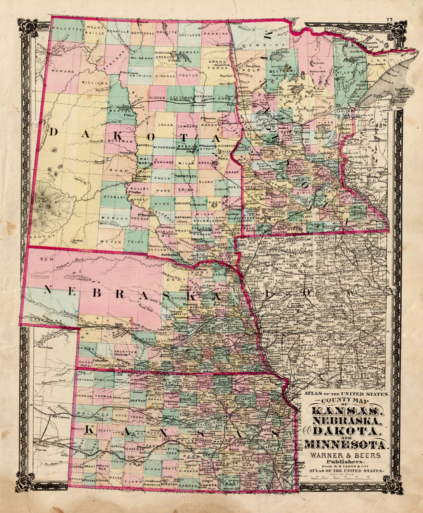 (MN., DK., NE., KS.) County Map Of Kansas, Nebraska, Dakota, And Minne ...